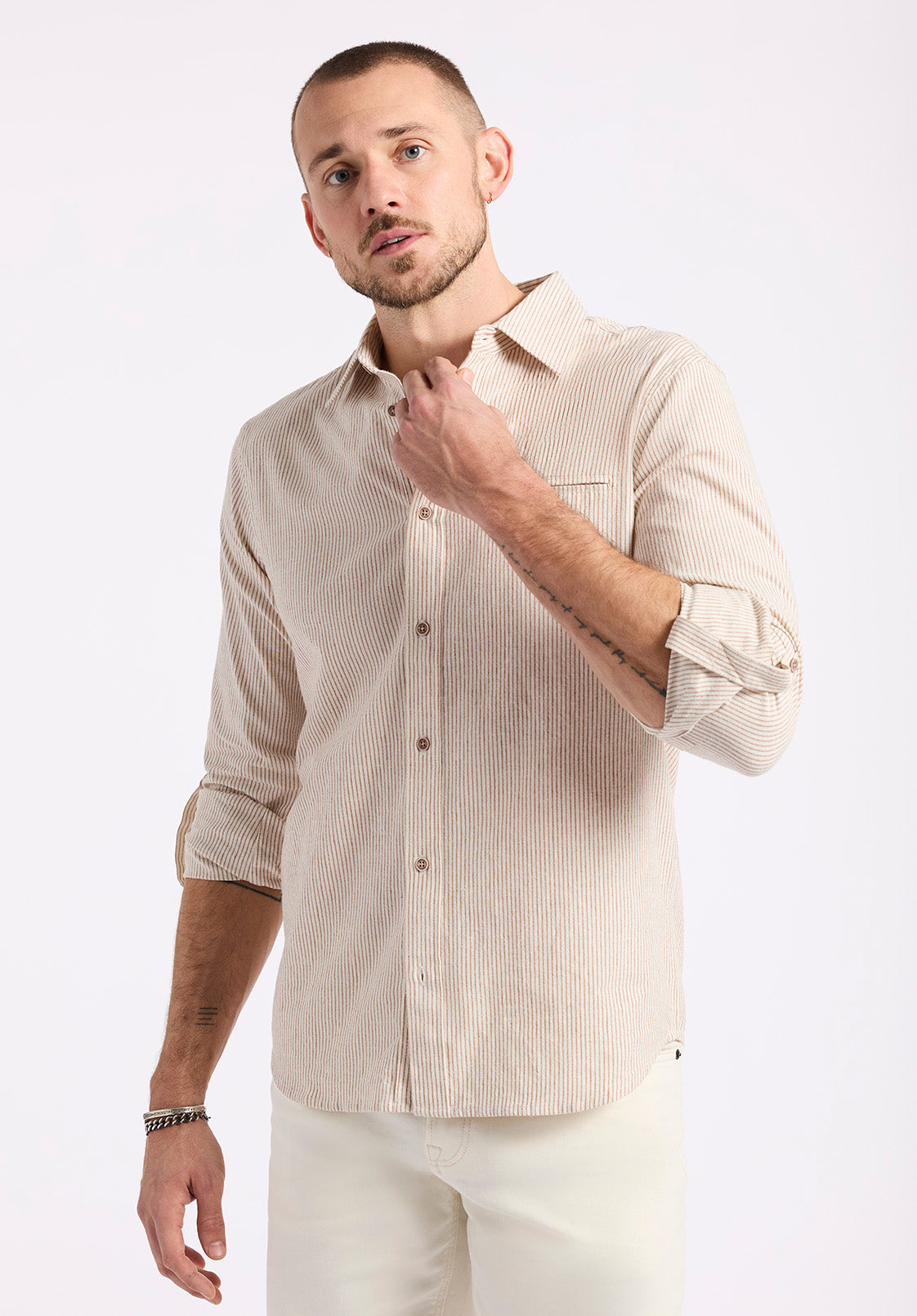 Simbio Men's Long-Sleeve Linen Cotton Blend Striped Button-Up Fitted Shirt, Woodsmoke Beige ...